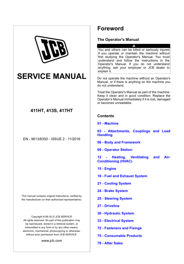 JCB 411 HT Wheel Loader Service Repair Manual