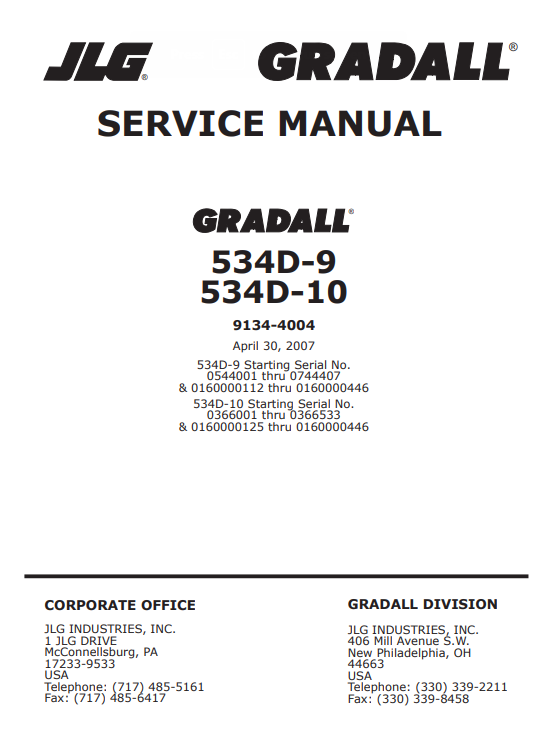 JLG 534D-9, 534D-10 Telehandler Service Repair Manual