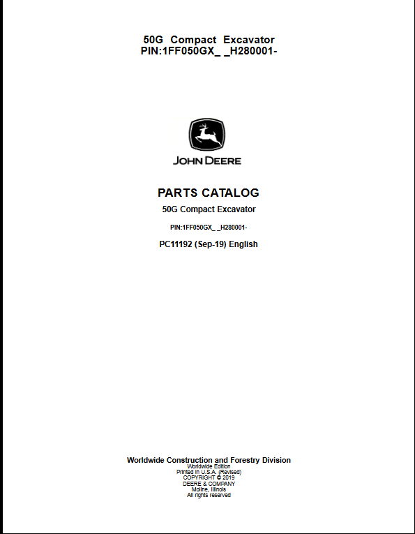 John Deere 50G Compact Excavator Parts Manual