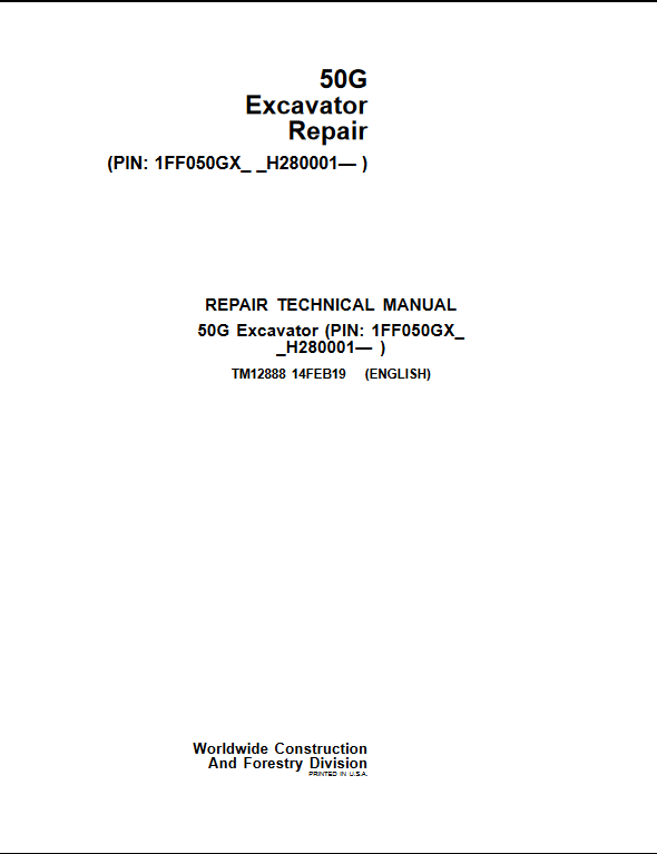 John Deere 50G Compact Excavator Repair Technical Manual